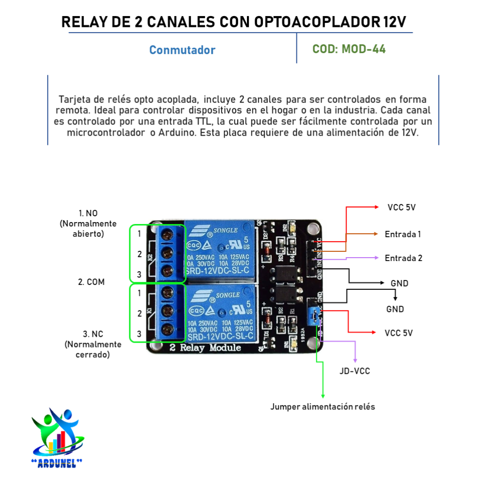 MODULO DE RELAY DE 2 CANALES 12V CON OPTOACOPLADOR