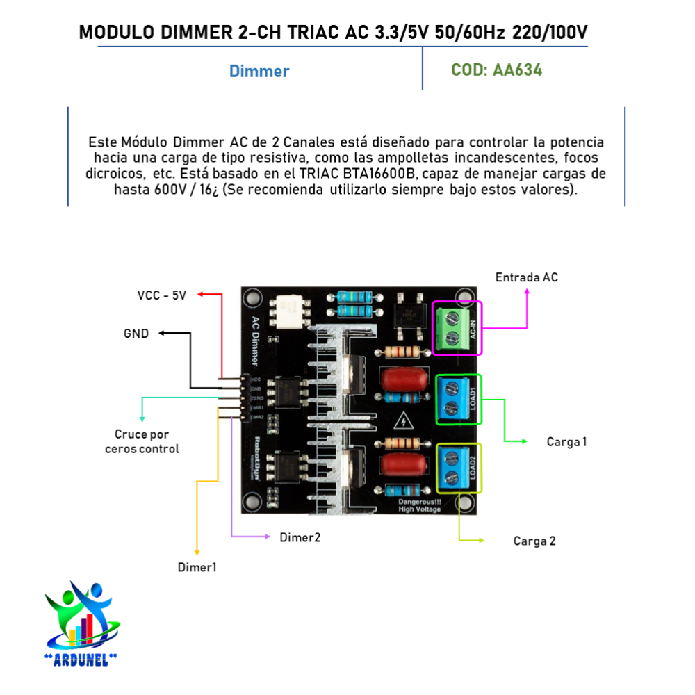 MODULO DIMMER 2 CANALES TRIAC AC 3.3V/5V 50/60HZ 220V/110V