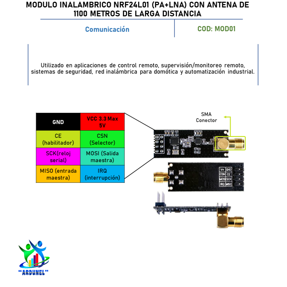 MÓDULO INALÁMBRICO NRF24L01 PA LNA CON ANTENA