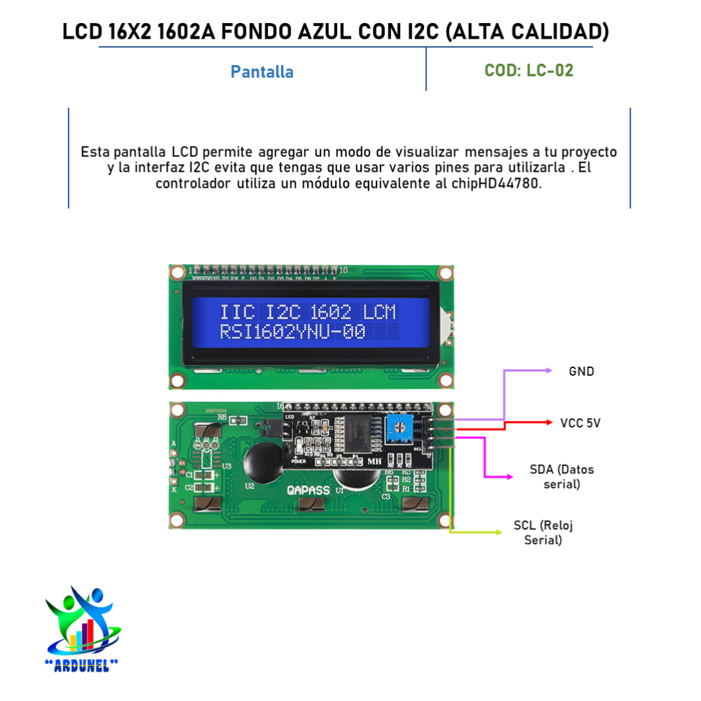 LCD 16X2 1602A FONDO AZUL CON I2C (ALTA CALIDAD)