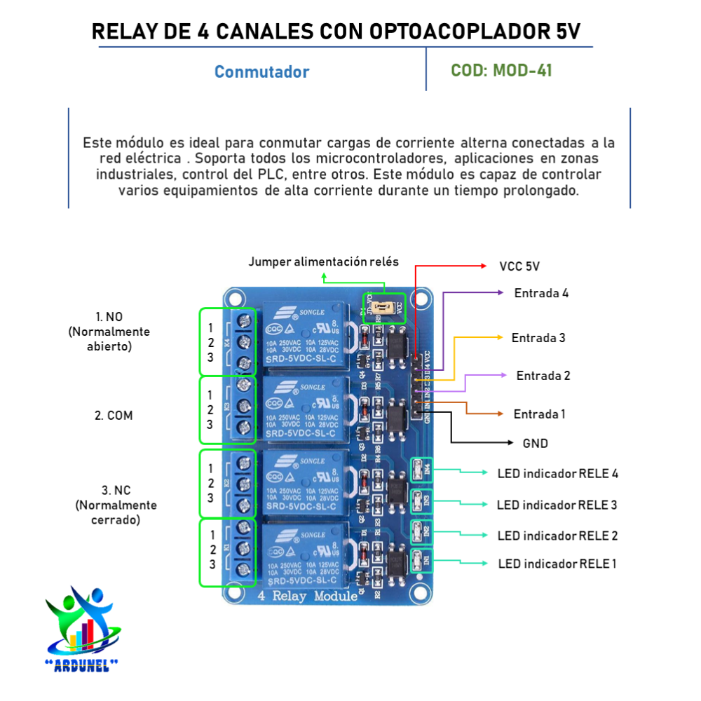 MODULO RELAY DE 4 CANALES 5V CON OPTOACOPLADOR